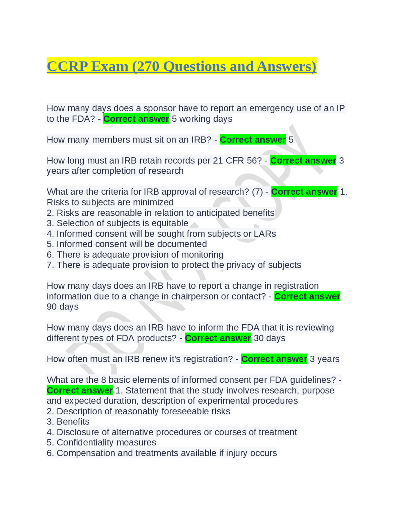 CCRP Exam (270 Questions and Answers) | Exams Nursing | Docsity