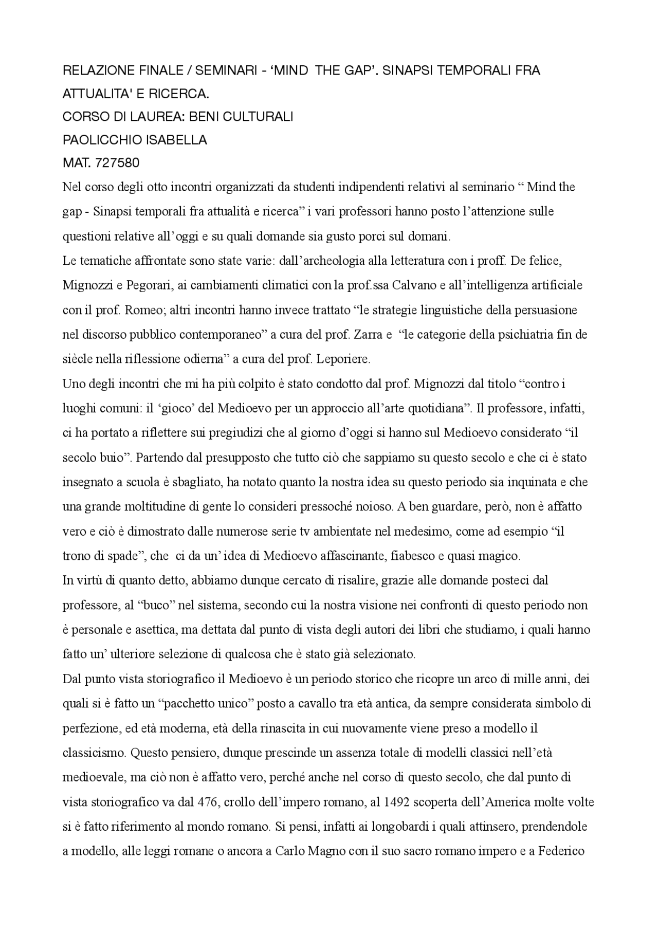 Relazione finale seminario | Esercizi di Arte | Docsity