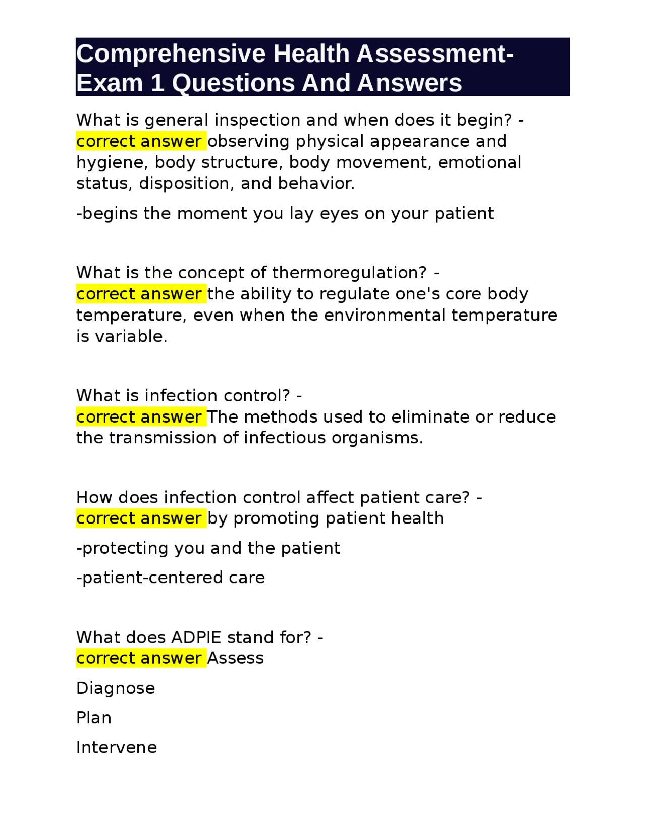 Comprehensive Health Assessment Exam 1: Questions and Answers | Exams ...