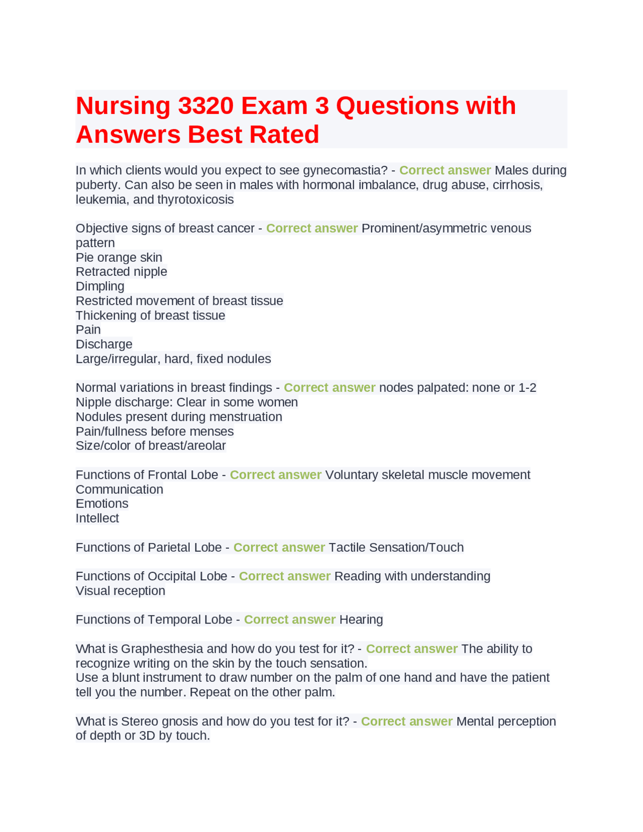 Nursing 3320 Exam 3 Questions with Answers Best Rated | Exams Nursing ...
