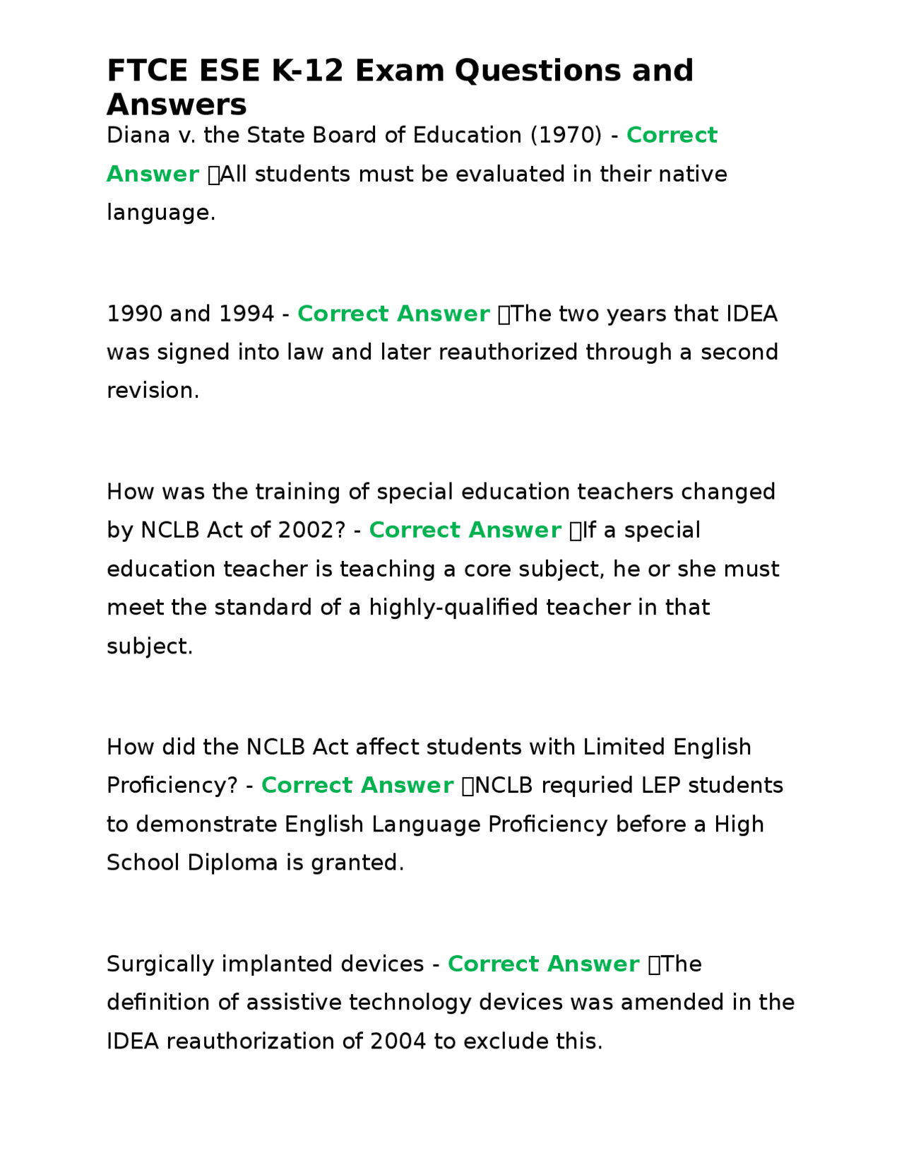 FTCE ESE K-12 Exam Questions and Answers: Significant Cases and Laws in ...