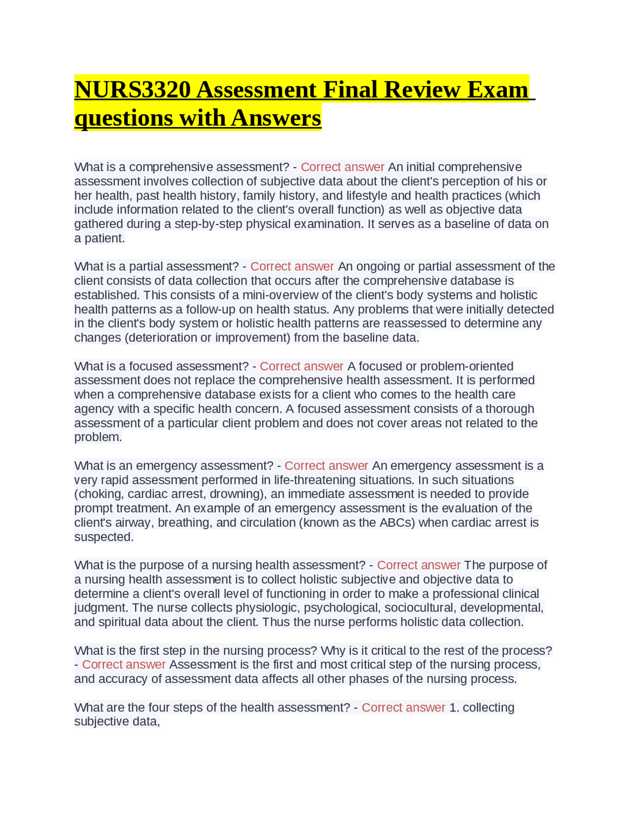 NURS3320 Assessment Final Review Exam questions with Answers | Exams ...