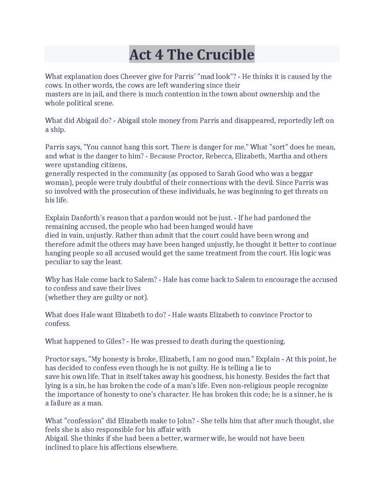 The Crucible: Explanations for Characters' Actions and Motives | Exams ...