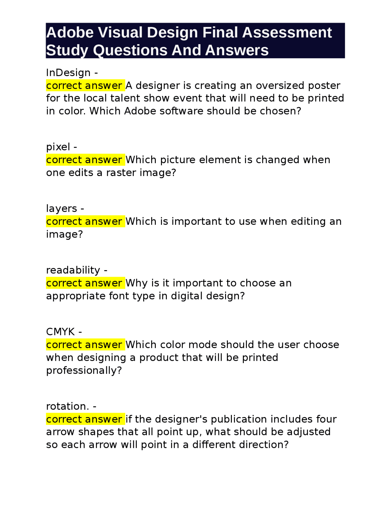 Adobe Visual Design Final Assessment Study Questions and Answers ...