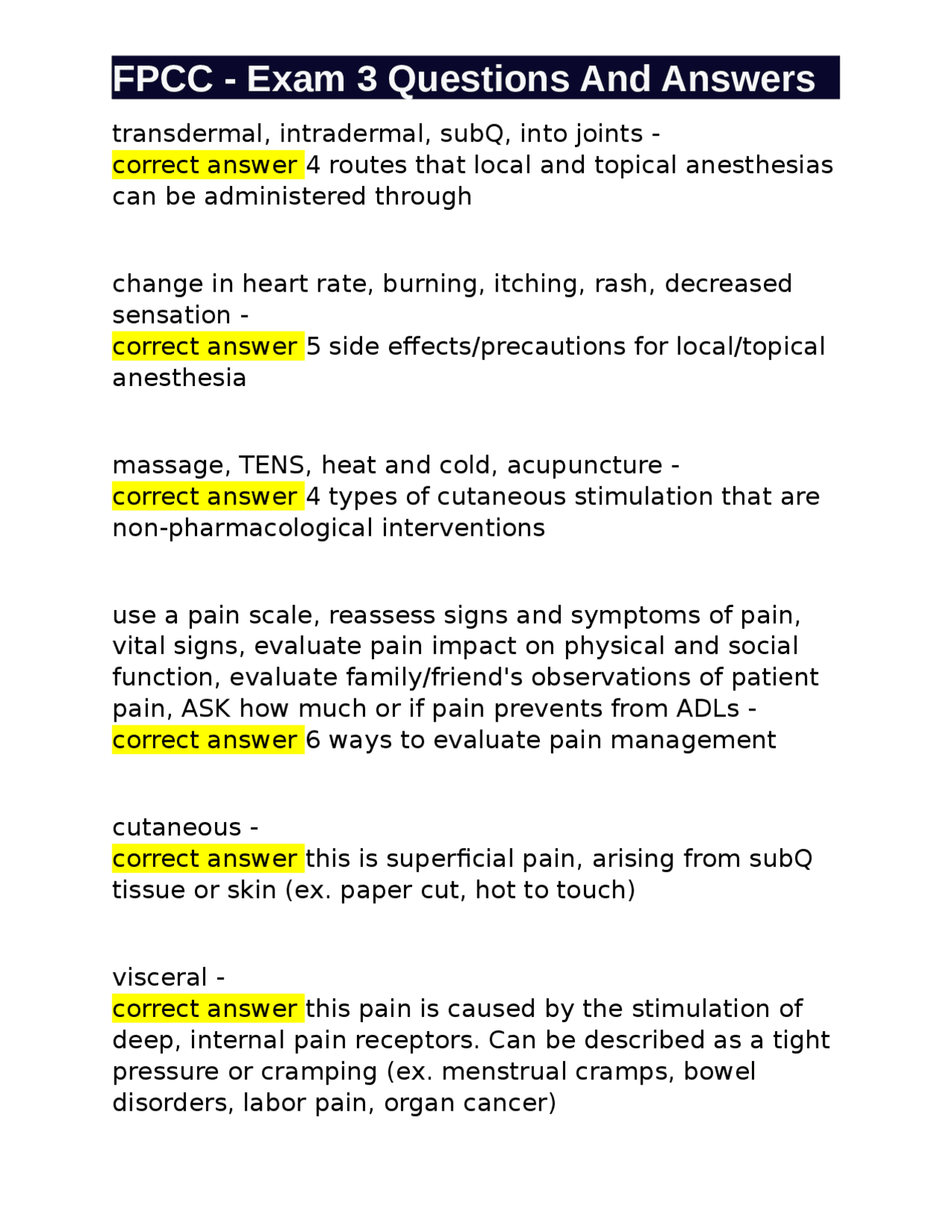 FPCC - Exam 3 Questions And Answers | Exams Nursing | Docsity