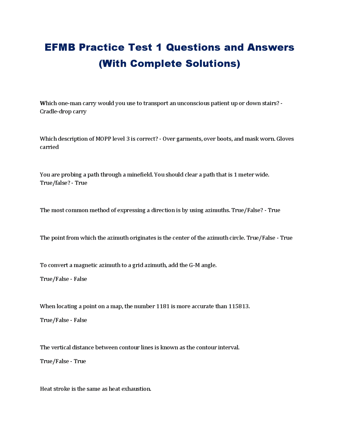 EFMB Practice Test 1 Questions and Answers (With Complete Solutions ...