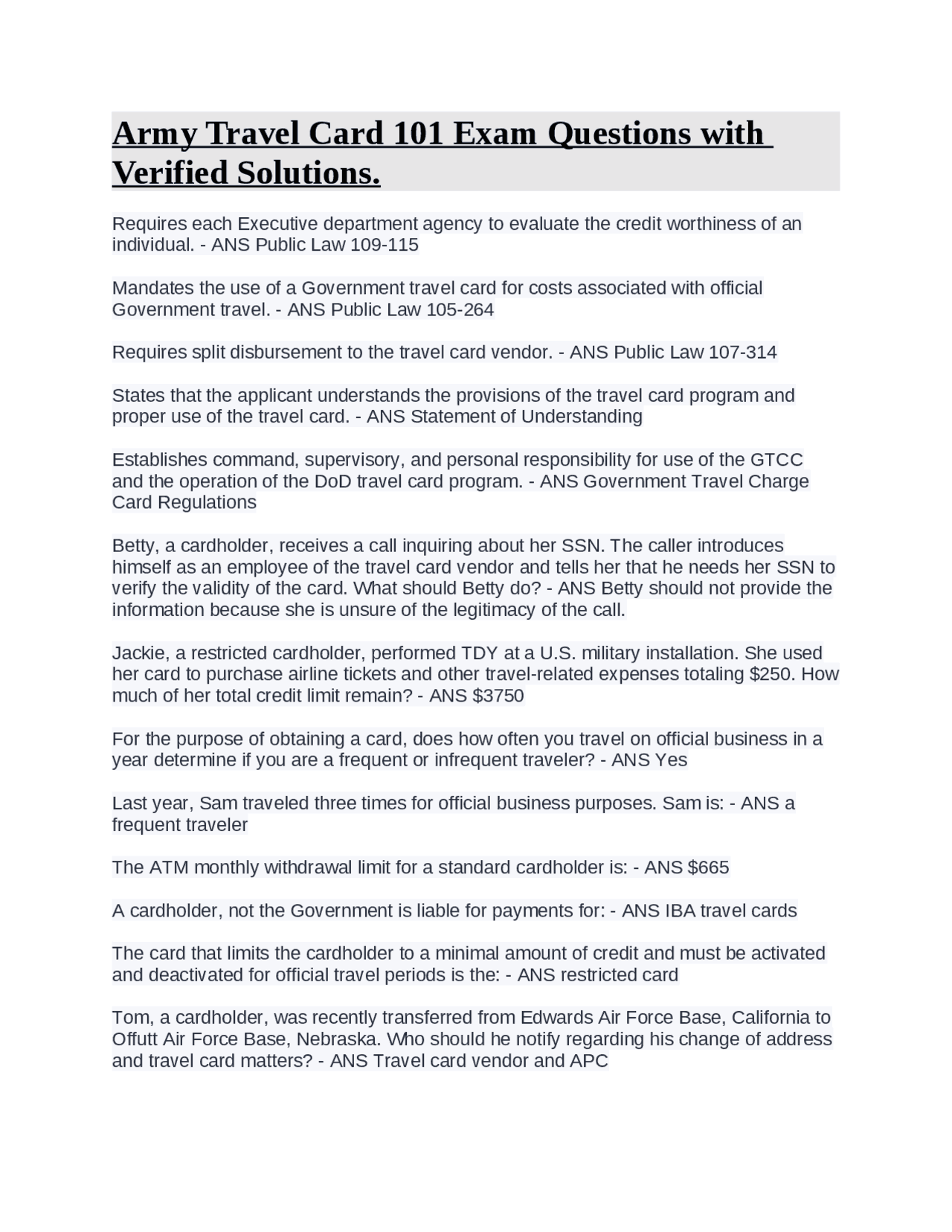 Government Travel Card Program: Exam Questions and Answers | Exams ...