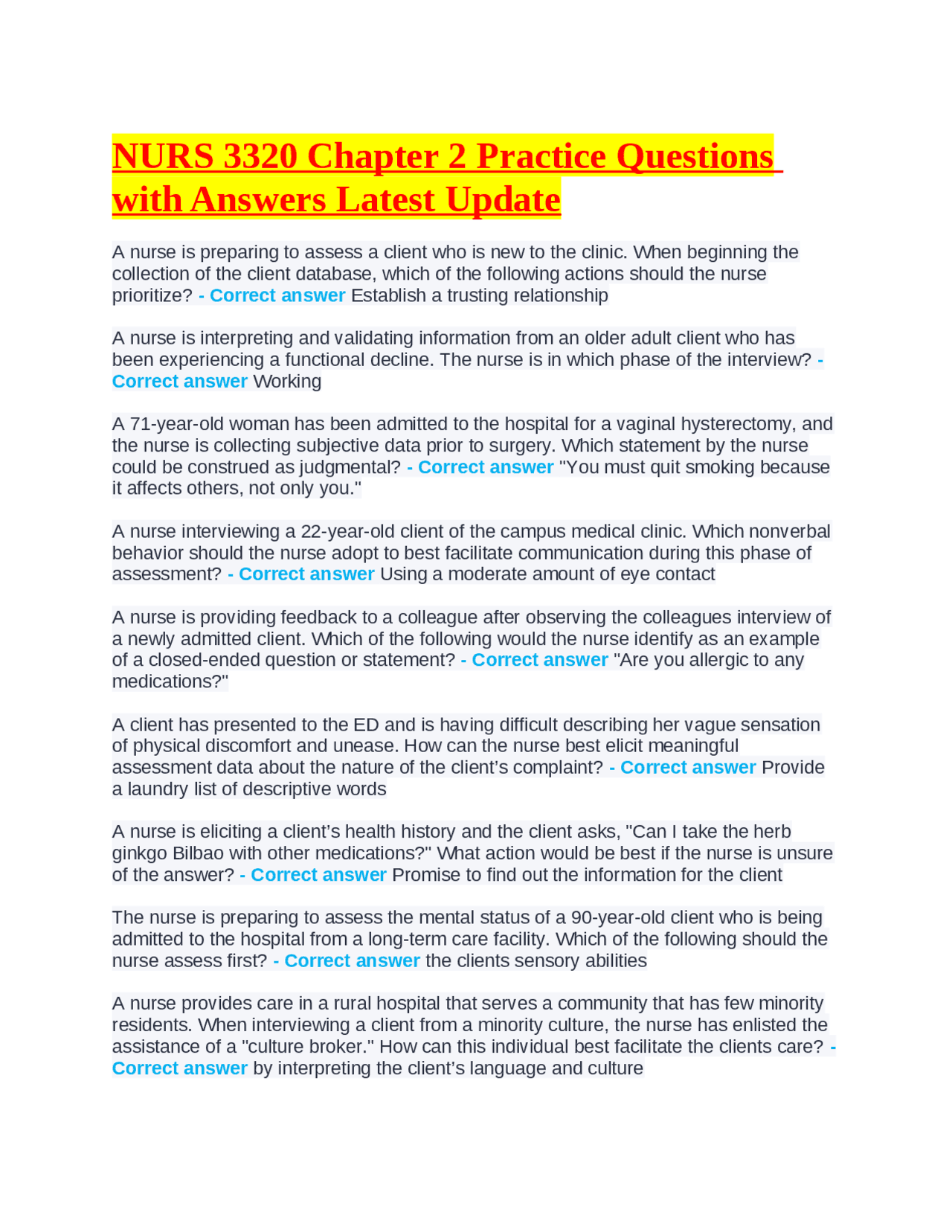 NURS 3320 Chapter 2 Practice Questions with Answers Latest Update ...