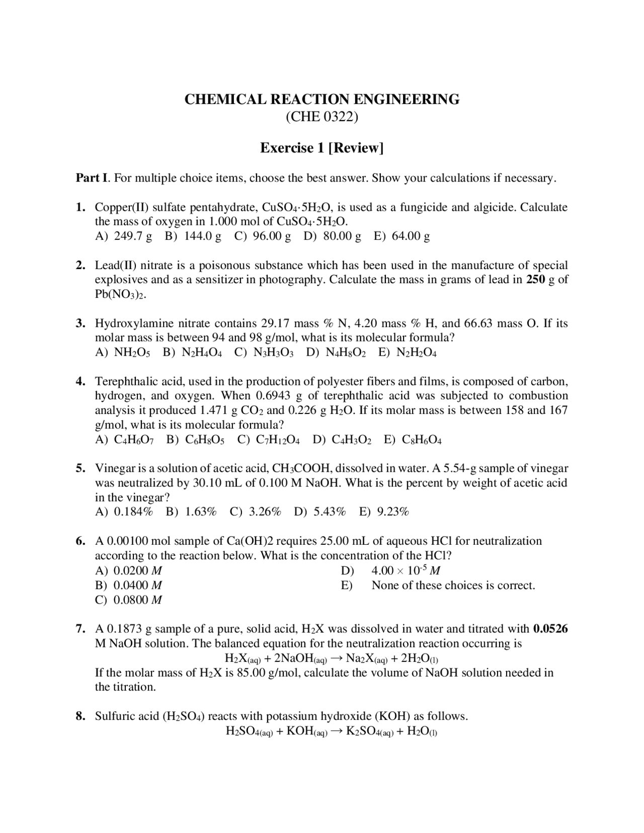 CRE Exercise Topics 1-2 | Exercises Chemical Kinetics | Docsity
