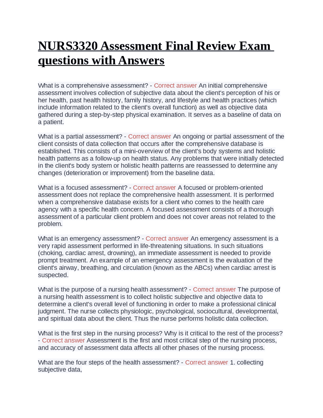 NURS3320 Assessment Final Review Exam questions with Answers | Exams ...