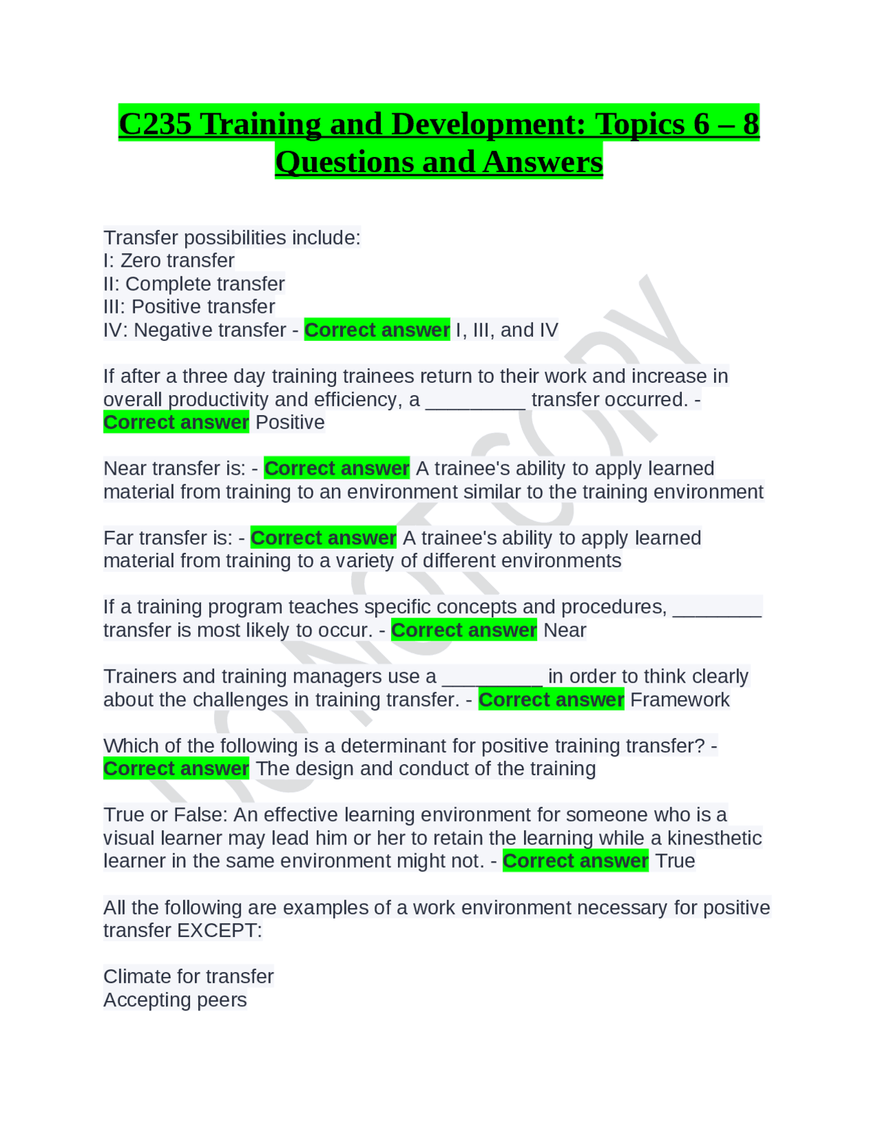 Training and Development: Topics 6 – 8 Questions and Answers | Exams ...