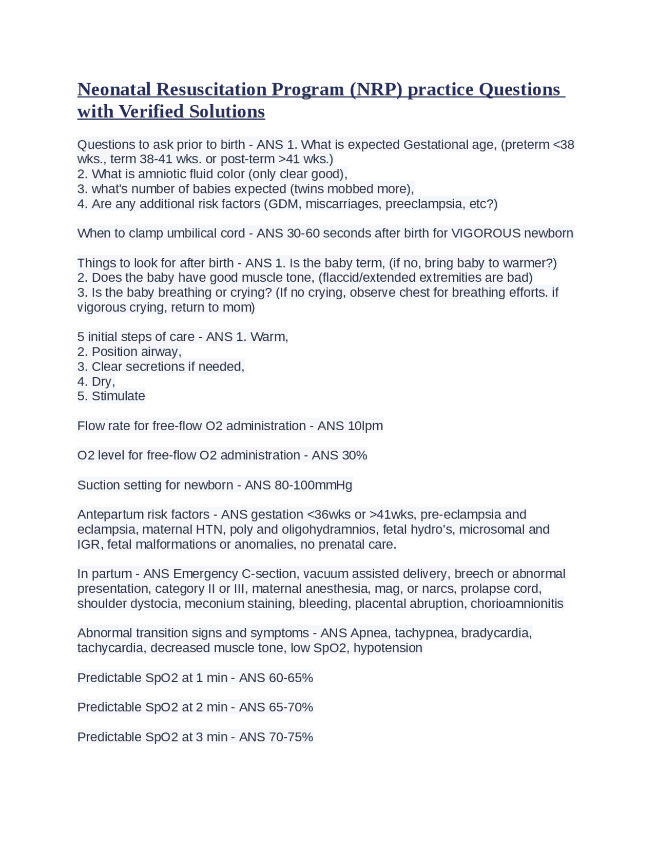 Neonatal Resuscitation Program (NRP) Practice Questions and Answers | Exams Laboratory Practices ...
