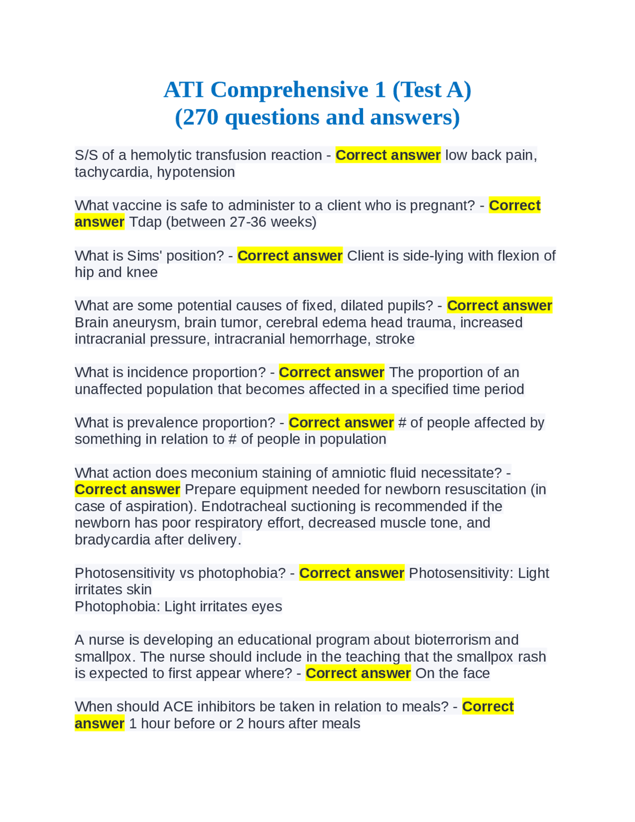 Medical Quiz Answers and Related Health Information | Exams Nursing ...
