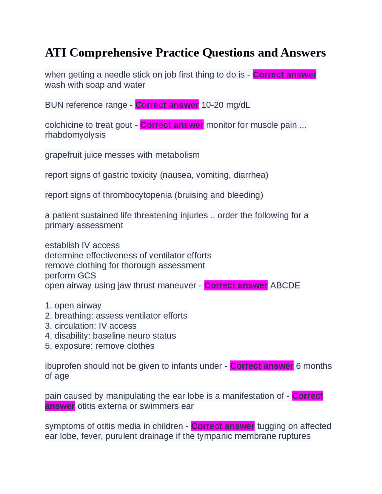 ATI Comprehensive Practice Questions and Answers | Exams Nursing | Docsity