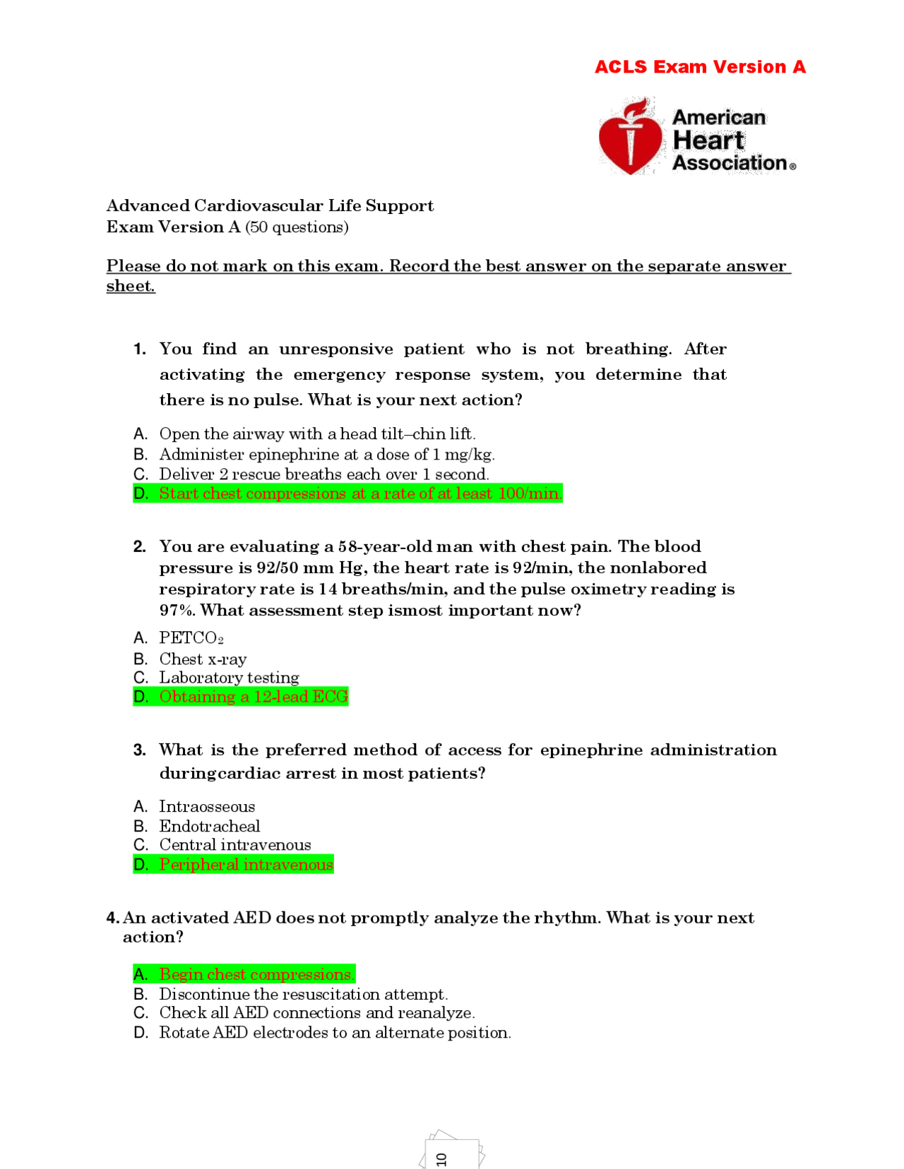 Advanced Cardiovascular Life Support (ACLS) Exam Version A | Exams ...