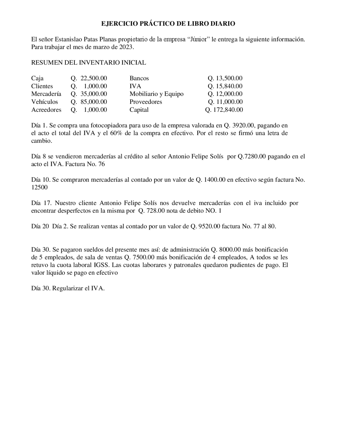 Ejercicio resuelto, Libro Diario No. 1 | Ejercicios de Derecho | Docsity