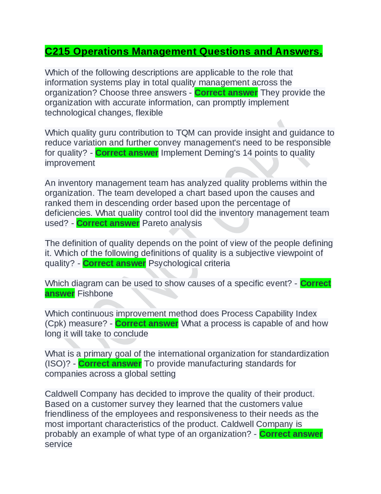 C215 Operations Management Questions and Answers. | Exams Production ...