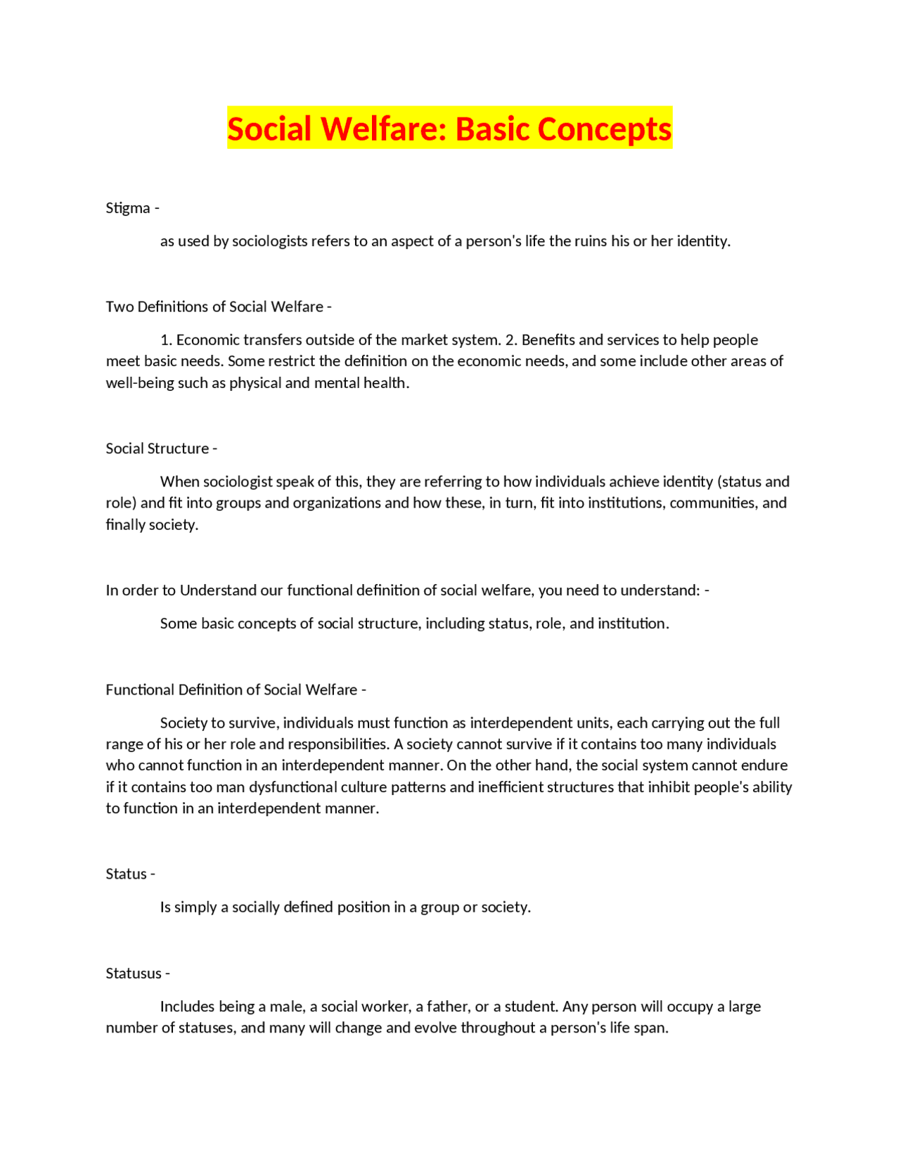 Understanding Social Welfare: Concepts of Structure, Status, Role, and ...