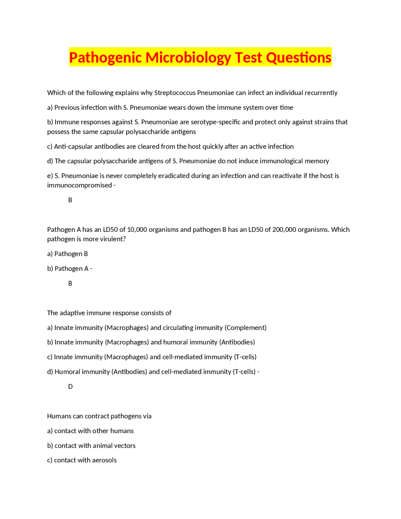 Pathogenic Microbiology Test Questions | Exams Microbiology | Docsity