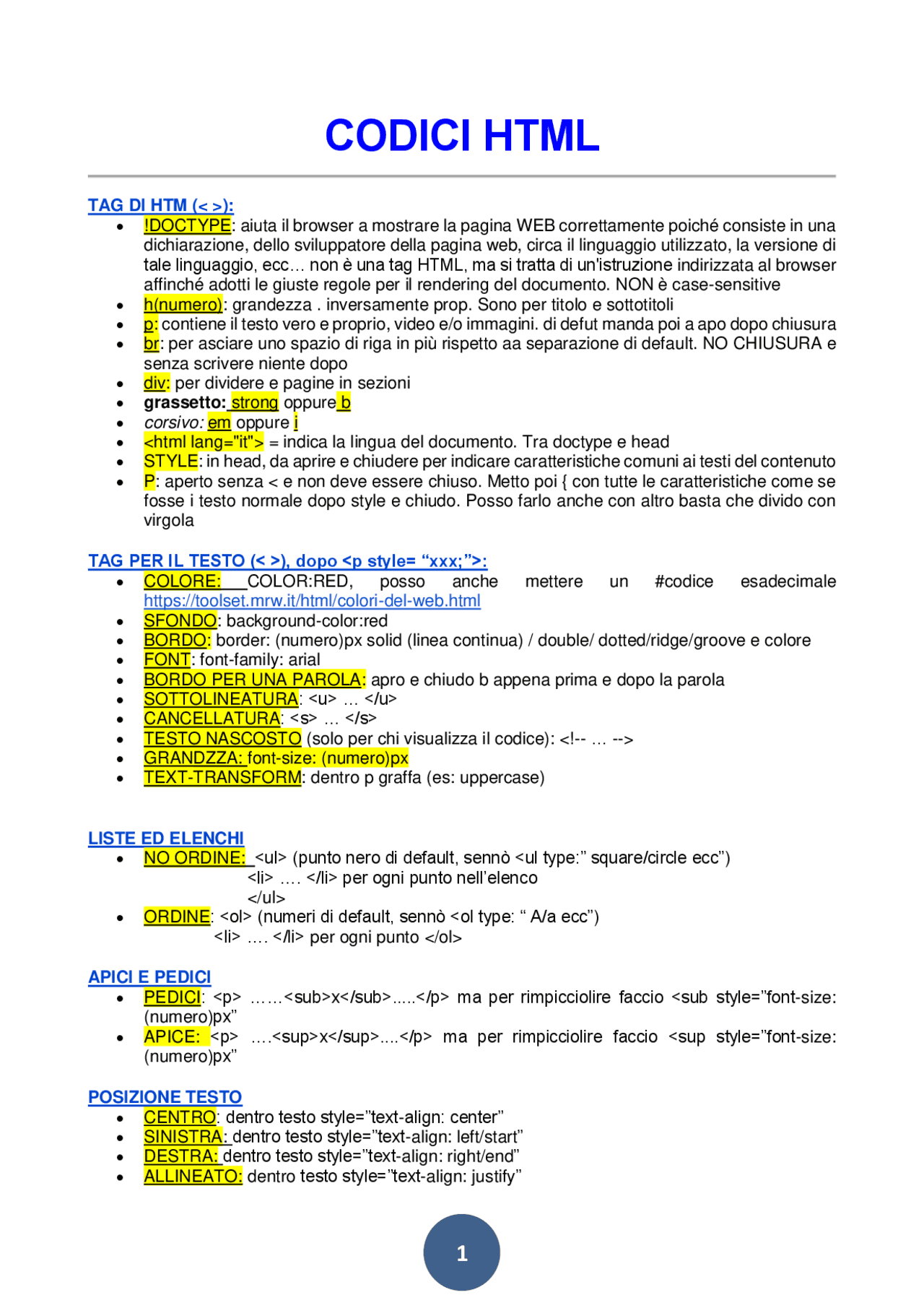 Codici HTML da sapere | Formulari di Fondamenti di informatica | Docsity