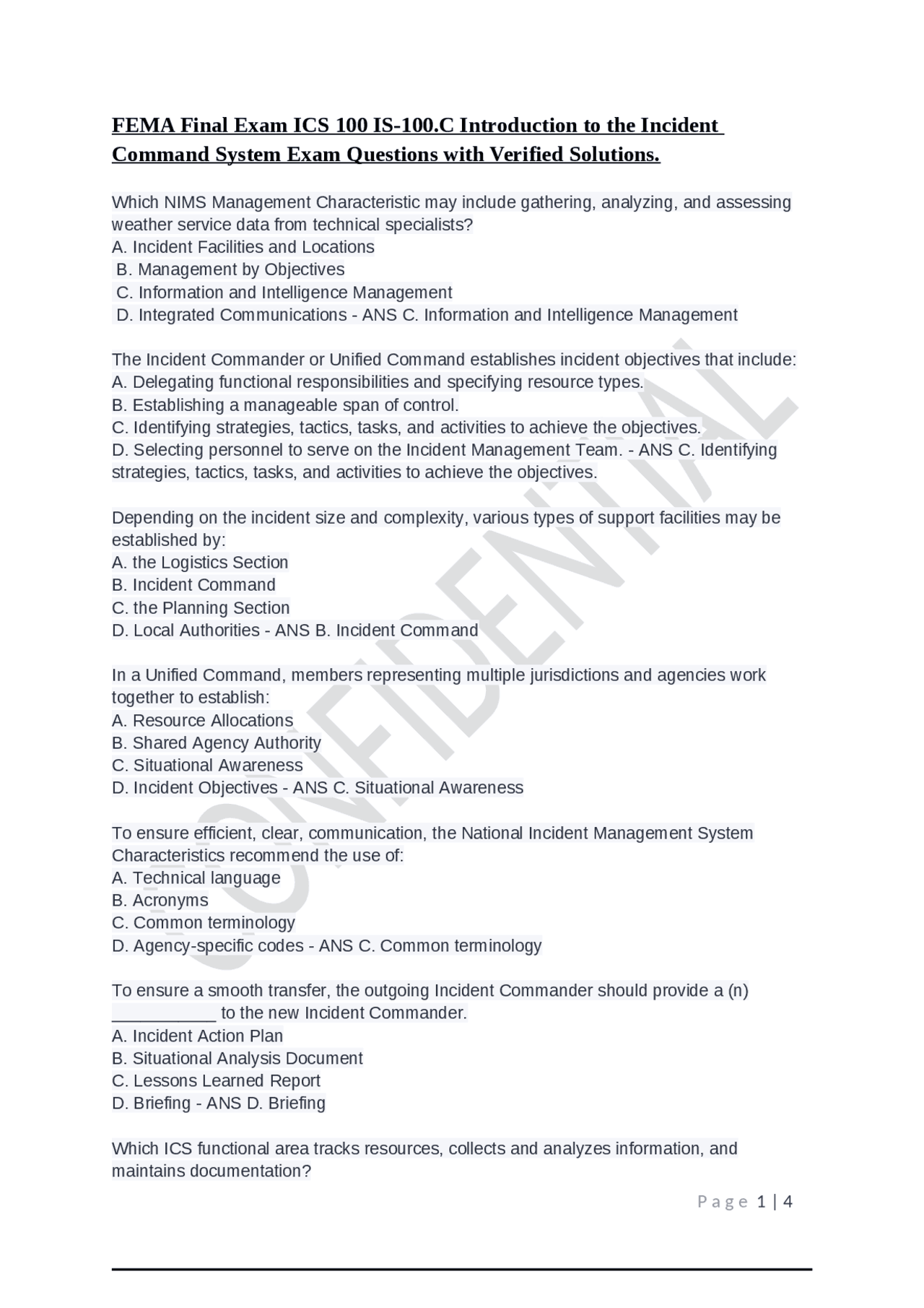 FEMA ICS 100 Exam: Info & Intelligence Management, Incident Objectives, Command - Q&A | Exams ...