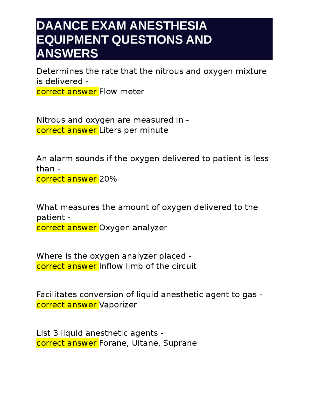 Anesthesia Equipment Exam Questions and Answers | Exams Medicine | Docsity