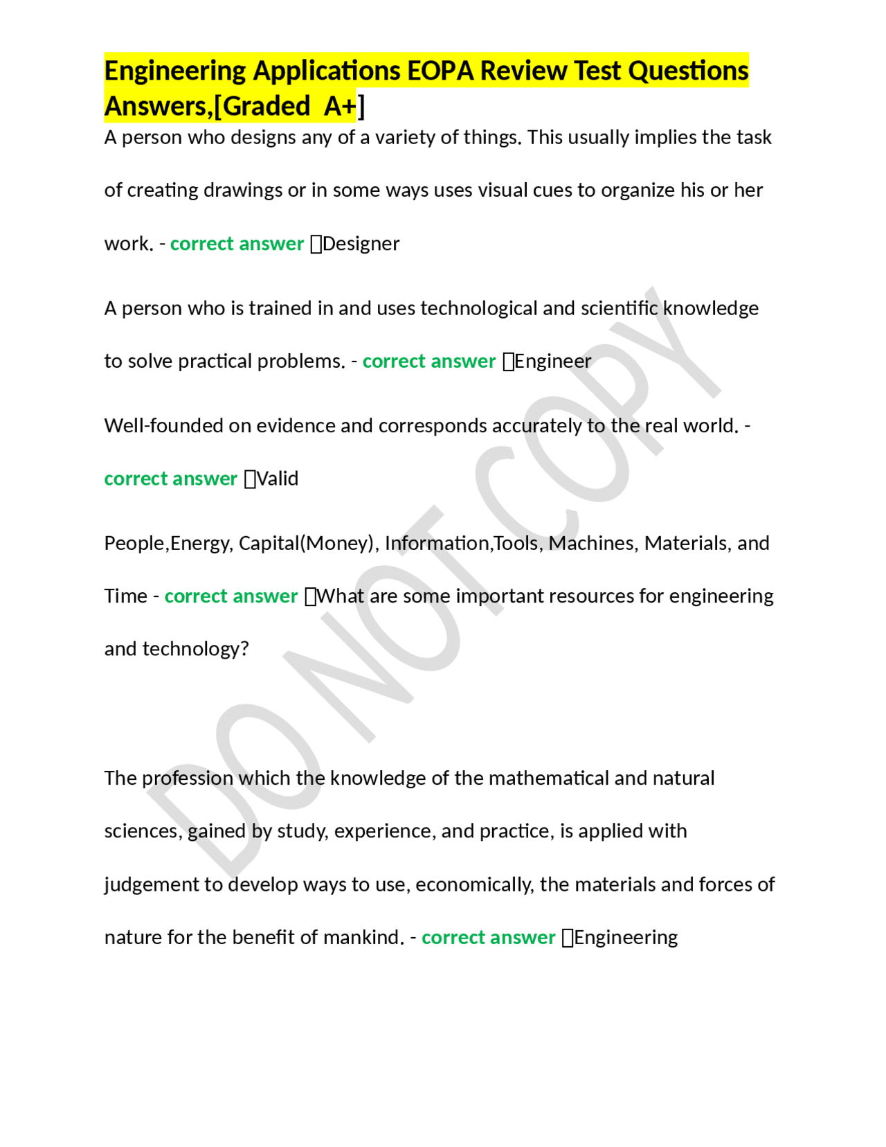 Engineering Applications Review Test Questions and Answers | Exams ...