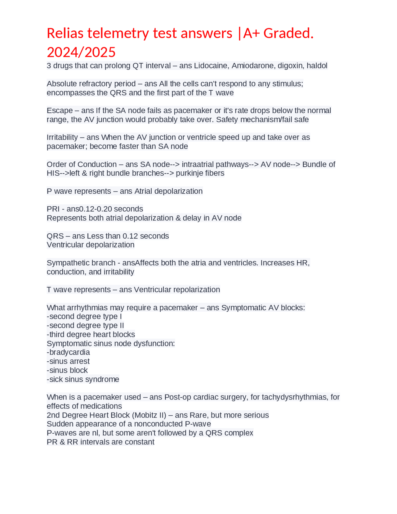 Electrocardiography and Arrhythmias: Telemetry Test Answers | Exams ...