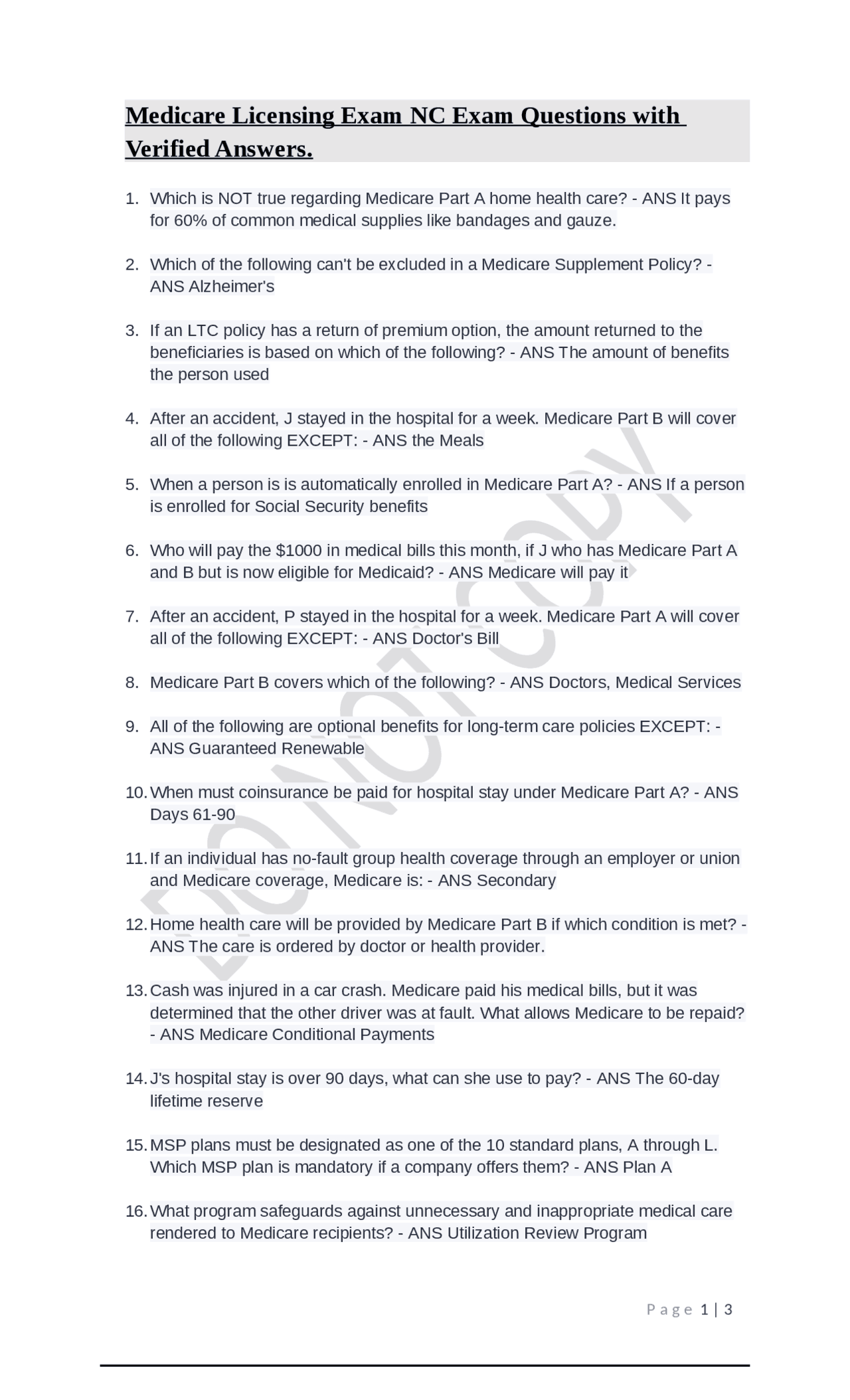 Medicare Licensing Exam NC Exam Questions with Verified Answers ...