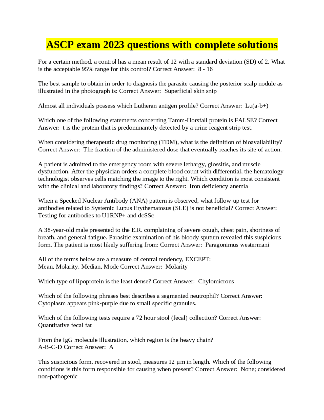 ASCP exam 2024 questions with complete solutions | Exams Nursing | Docsity