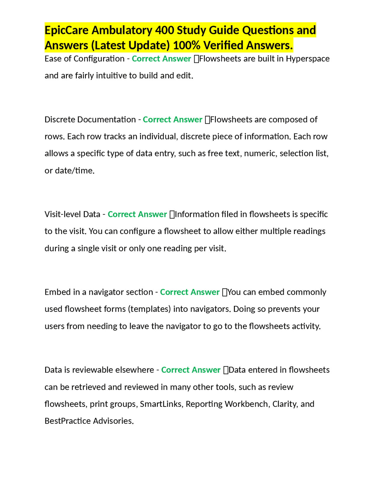 EpicCare Ambulatory 400 Study Guide Questions and Answers (Latest ...