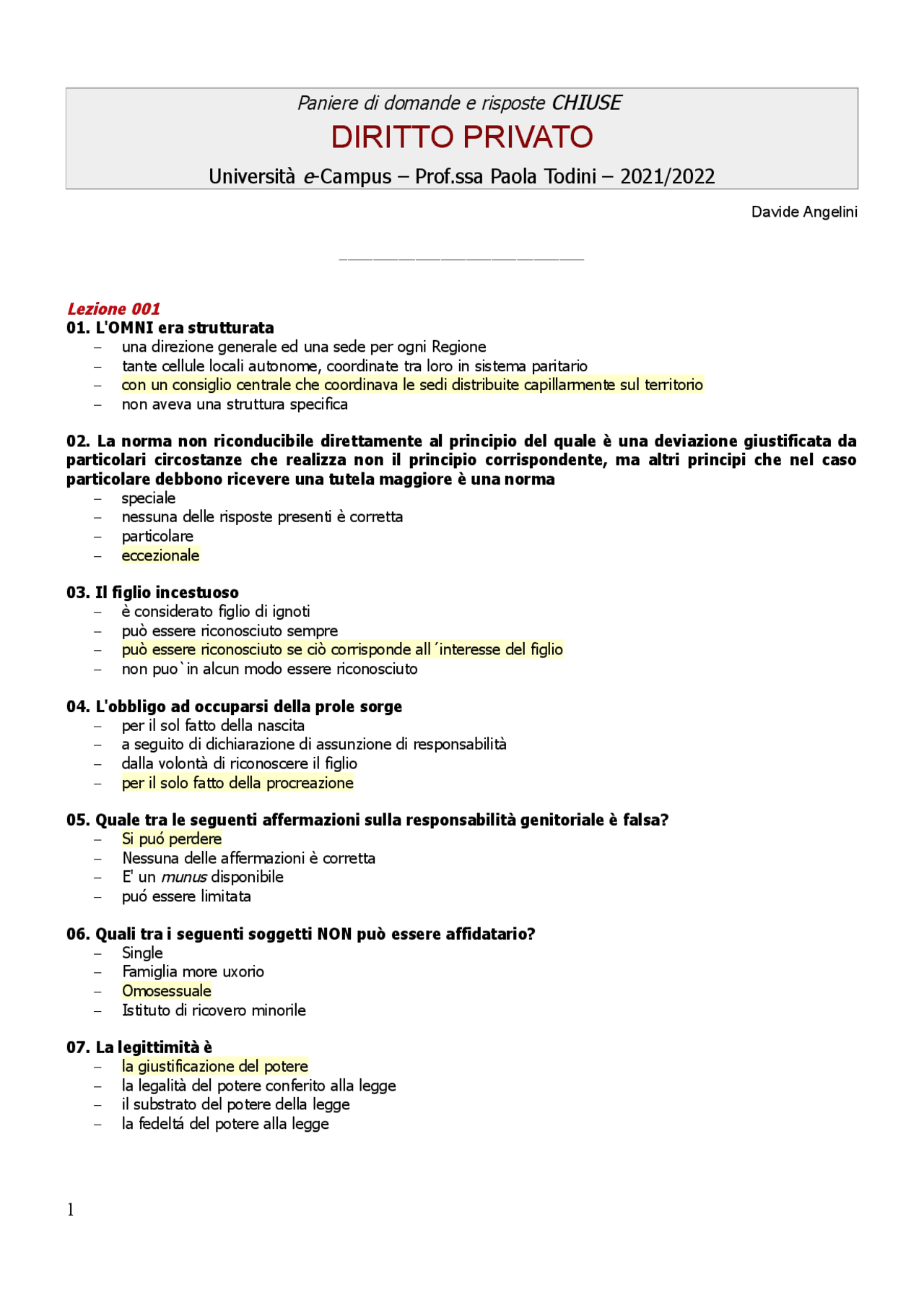 Diritto Privato - PANIERE risposte chiuse - eCampus (Prof.ssa Todini) - 2022 | Esercizi di ...