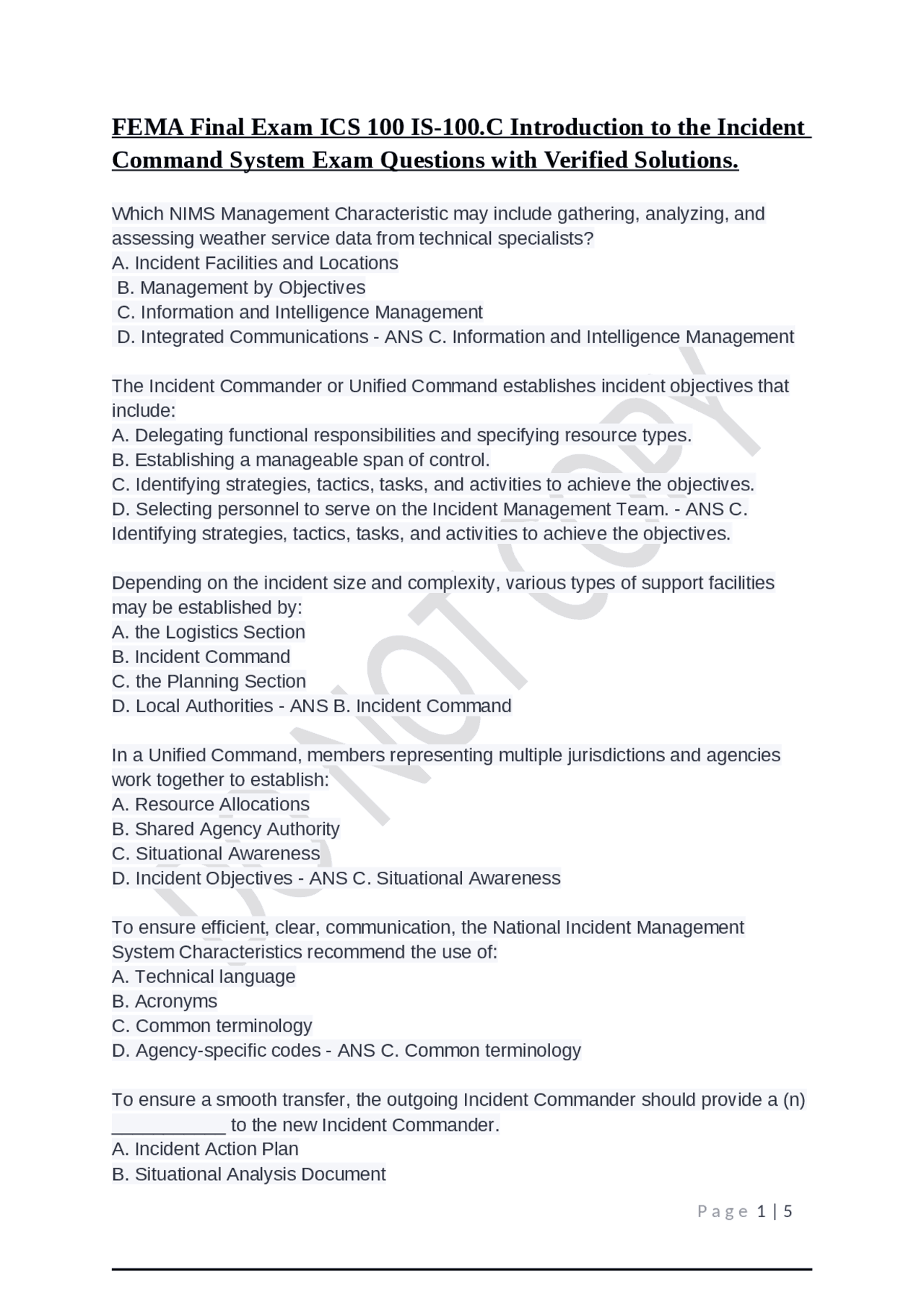 FEMA Final Exam ICS 100 IS-100.C Introduction to the Incident Command System Exam Question ...