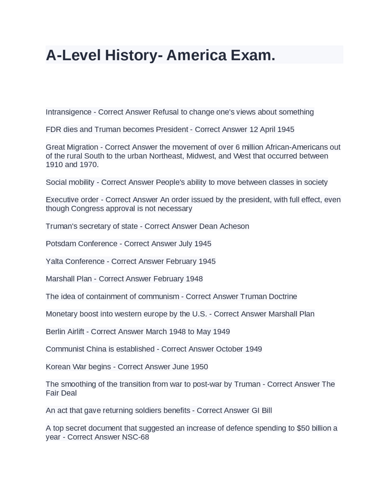 A-Level History- America Exam. | Exams History | Docsity