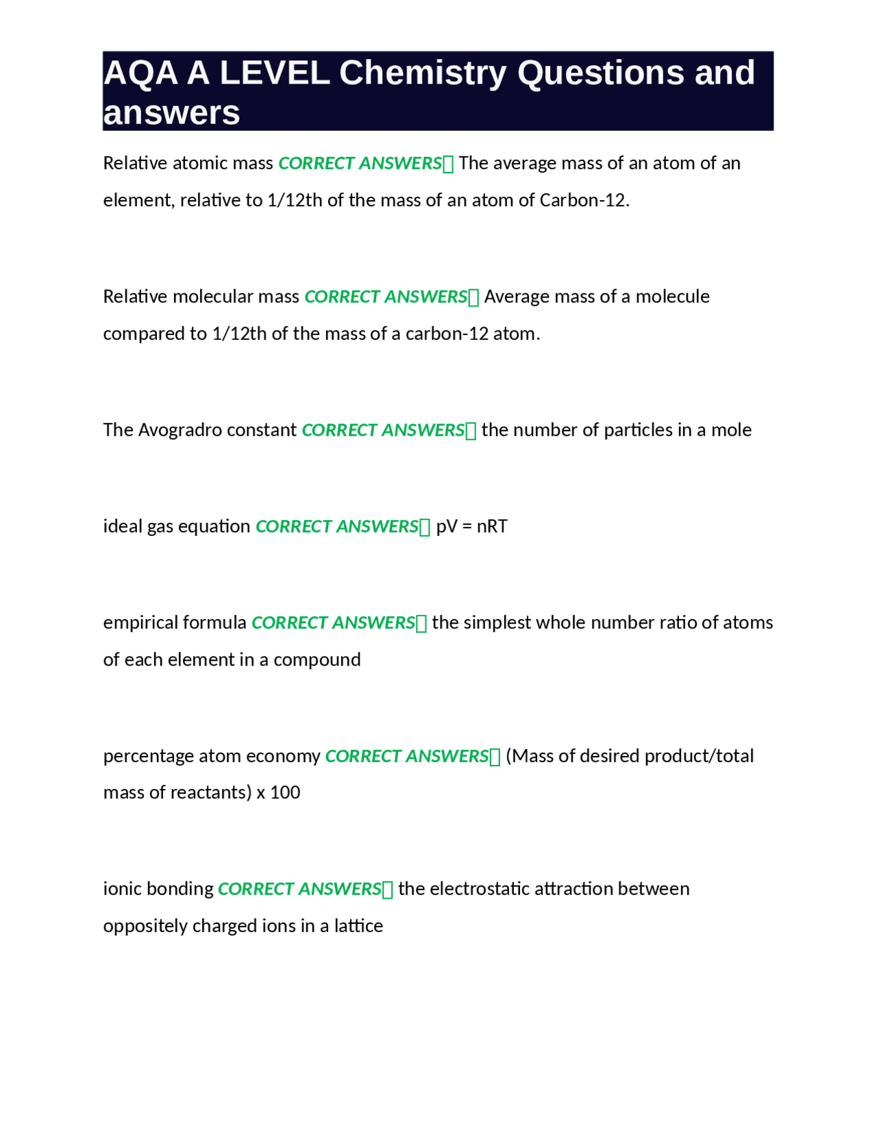 AQA A LEVEL Chemistry Questions and answers AQA A LEVEL Chemistry ...