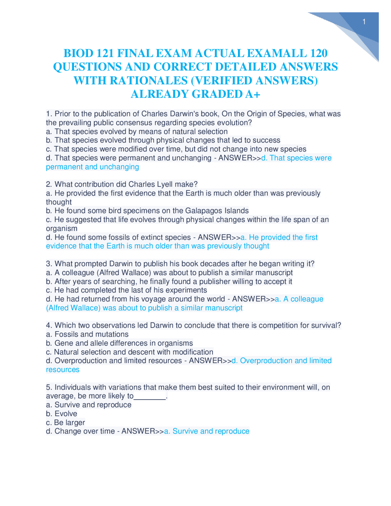 BIOD 121 FINAL EXAM LATEST 2024/2025 ACTUAL EXAM ALL 120 QUESTIONS AND ...