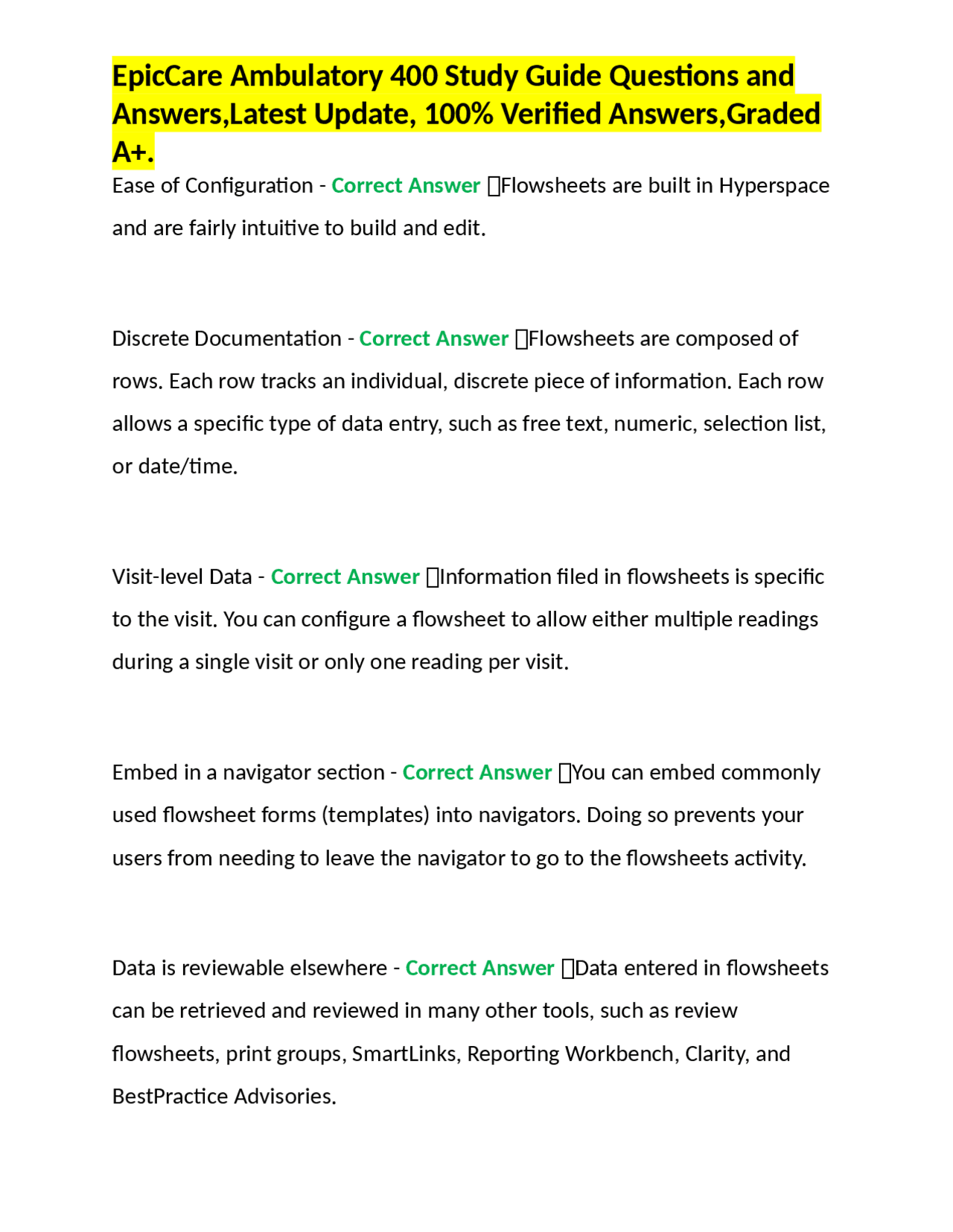 EpicCare Ambulatory 400 Study Guide Questions and Answers,Latest Update ...