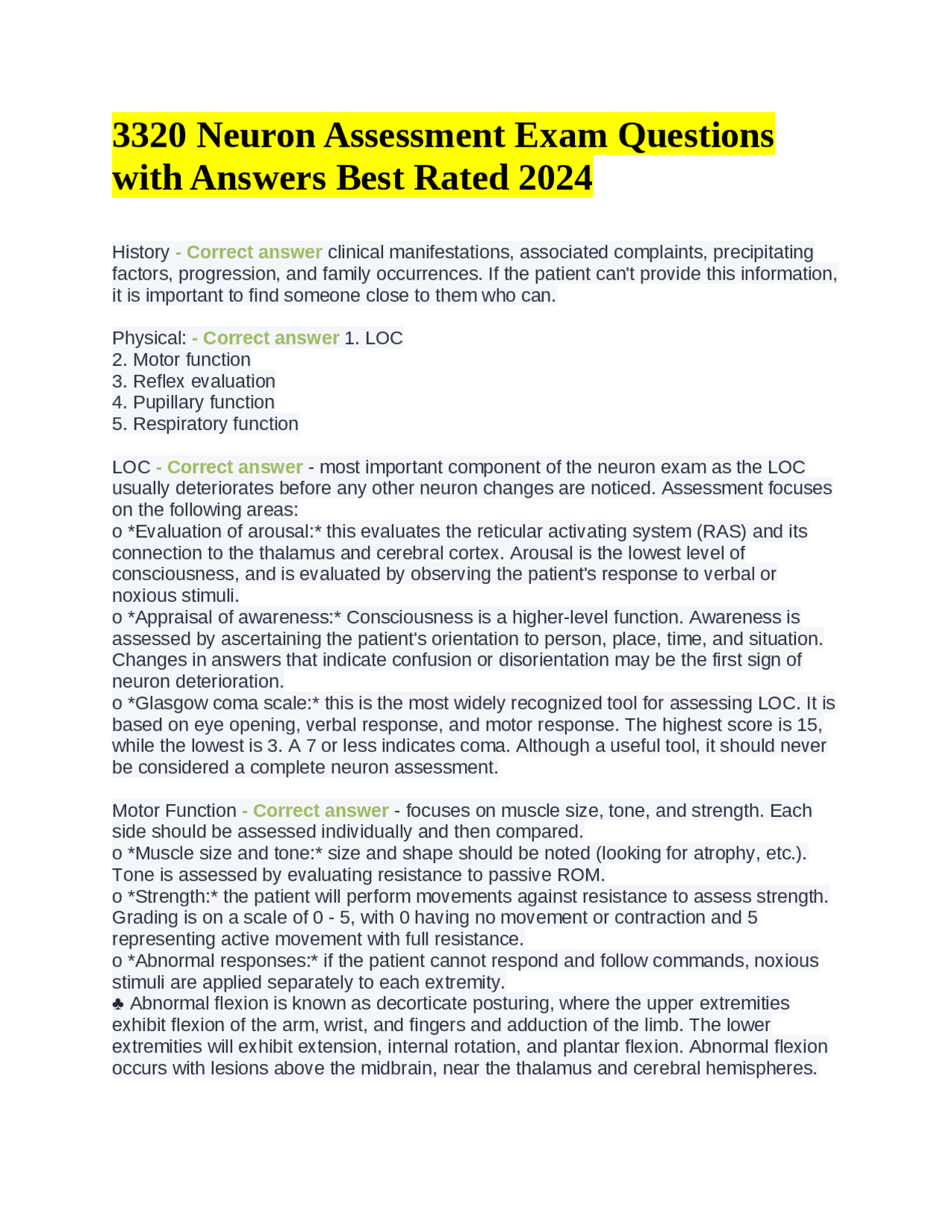 3320 Neuron Assessment Exam Questions with Answers Best Rated 2024 ...