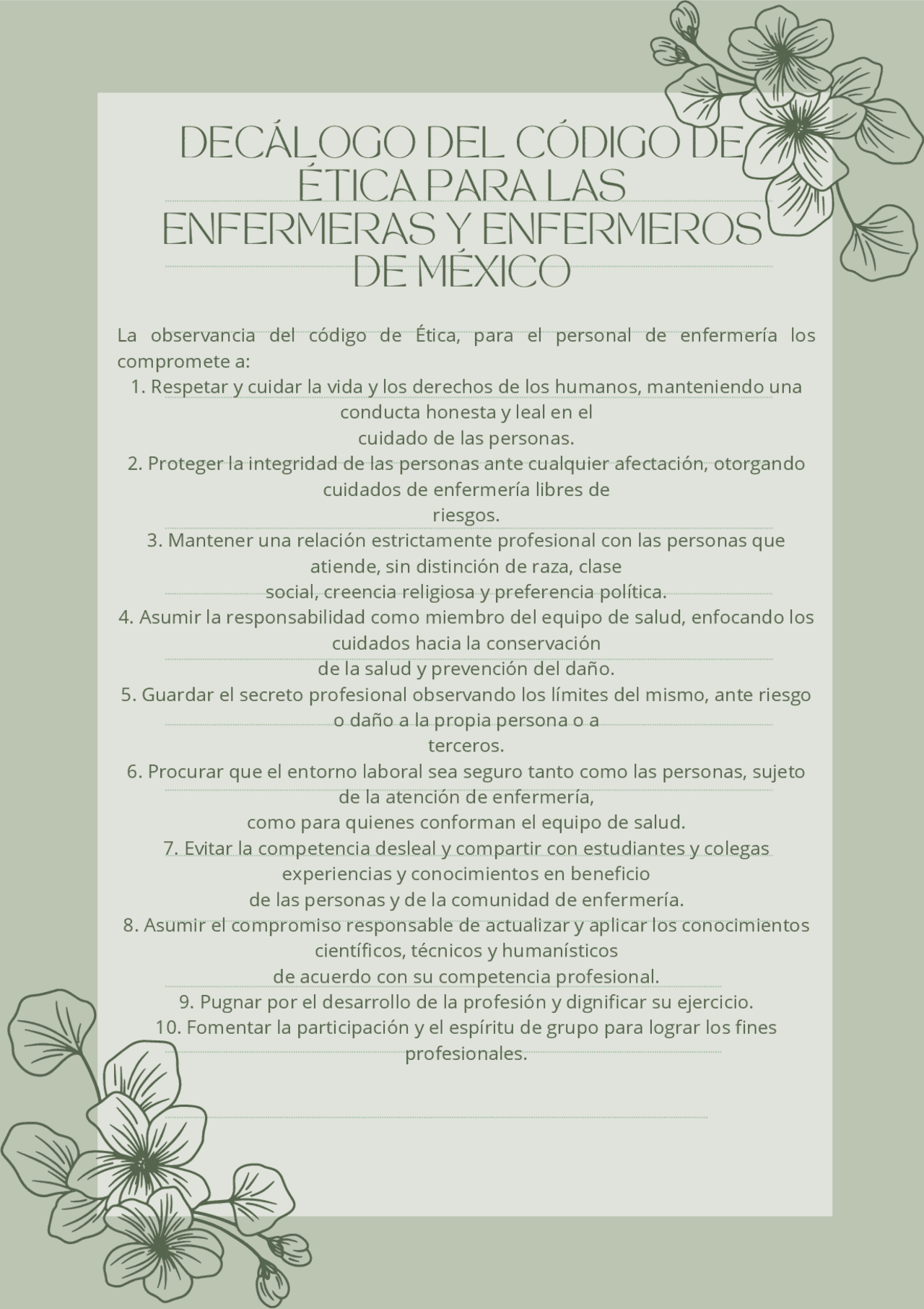 Decálogo Del Código De ética Para Enfermeras Y Enfermeros De México