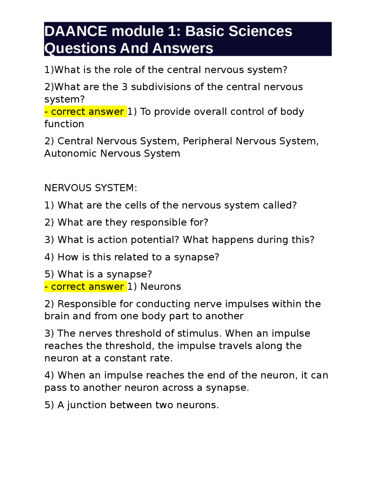 DAANCE Module 1: Nervous and Cardiovascular Systems - Questions and Answers | Exams Biomedicine ...