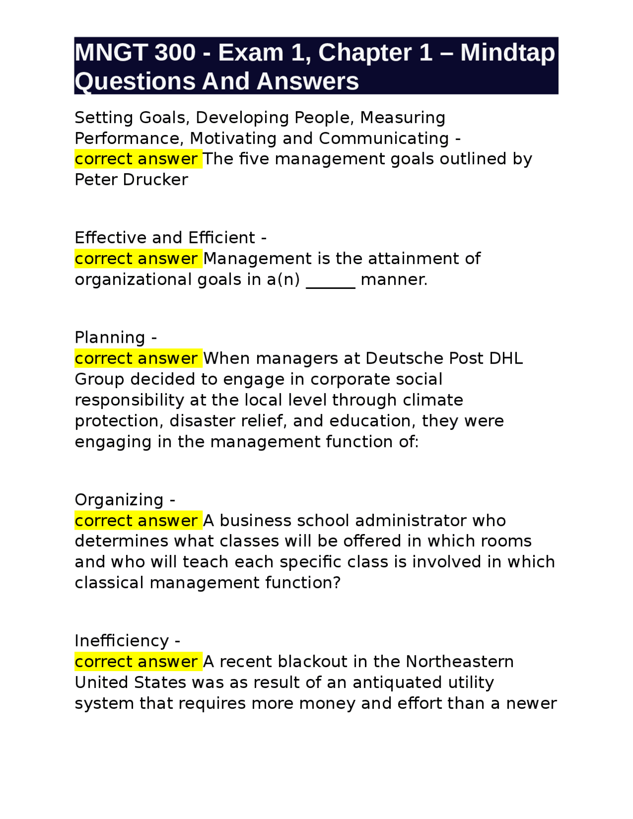 MNGT 300 Exam 1, Chapter 1 - Mindtap Questions and Answers | Exams ...