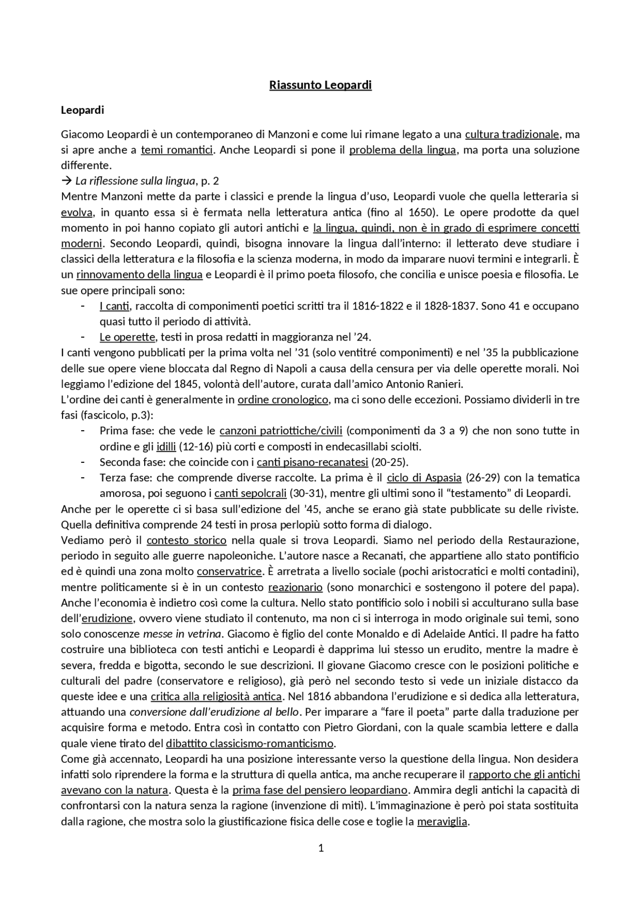 Riassunto su Giacomo Leopardi | Summaries Italian | Docsity