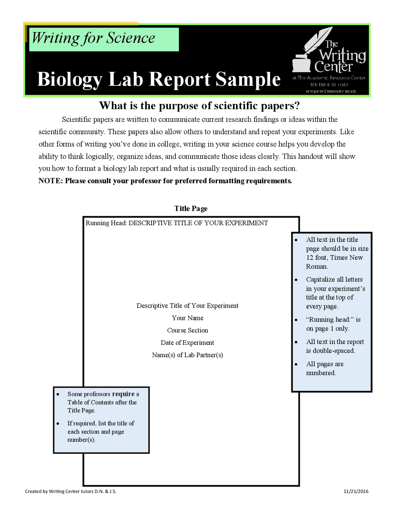 Lab Example Scientific papers are written to communicate current ...
