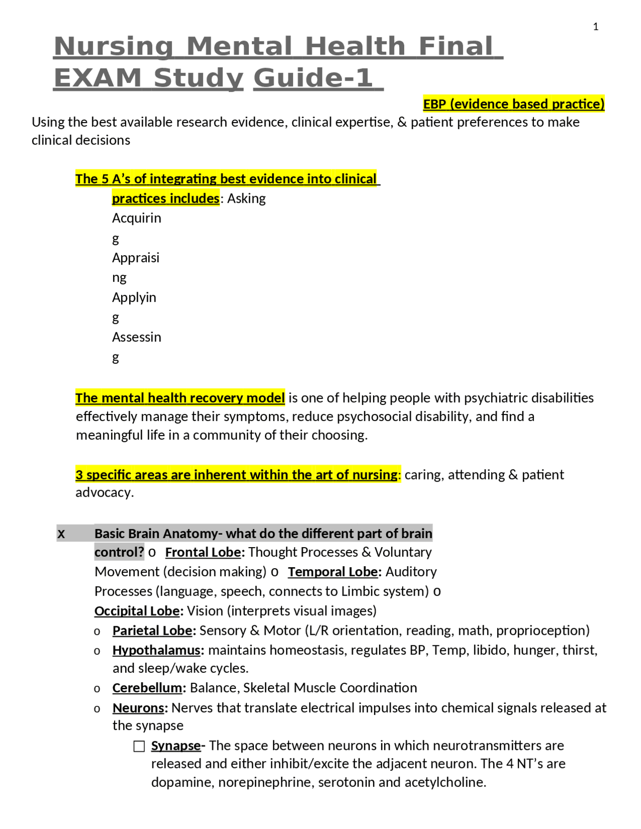 Nursing Mental Health Final EXAM Study Guide-1 | Exams Nursing | Docsity
