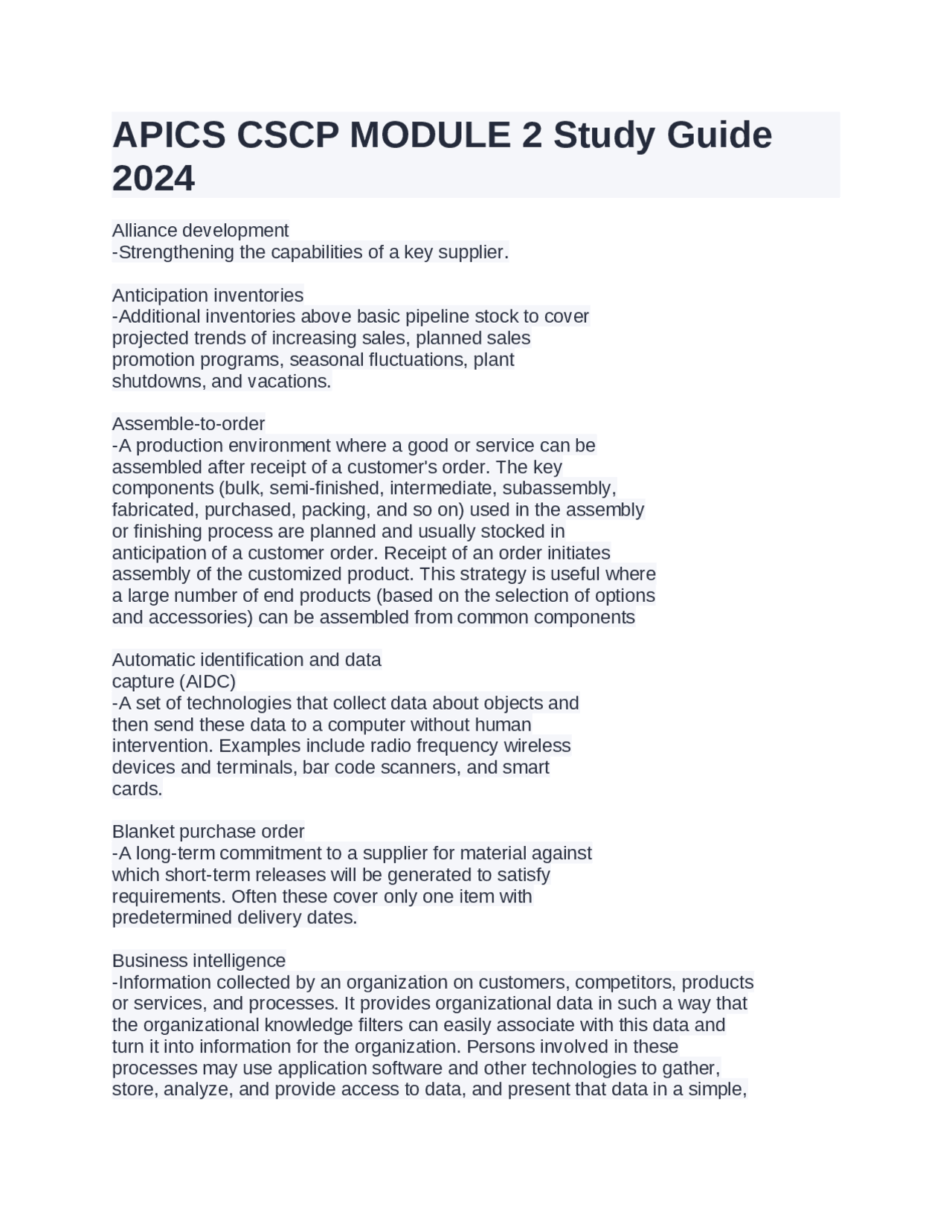 APICS CSCP MODULE 2 Study Guide 2024 | Exams Nursing | Docsity