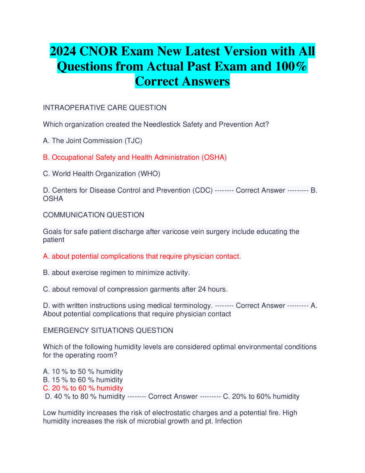 2024 CNOR Exam New Latest Version with All Questions from Actual Past ...