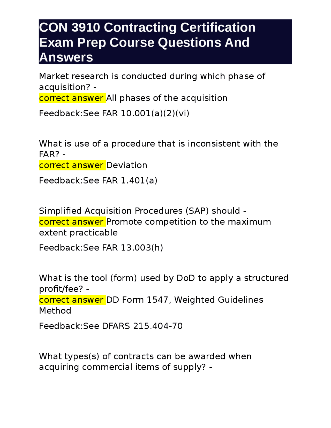 CON 3910 Contracting Certification Exam Prep: Contract Types, Market ...