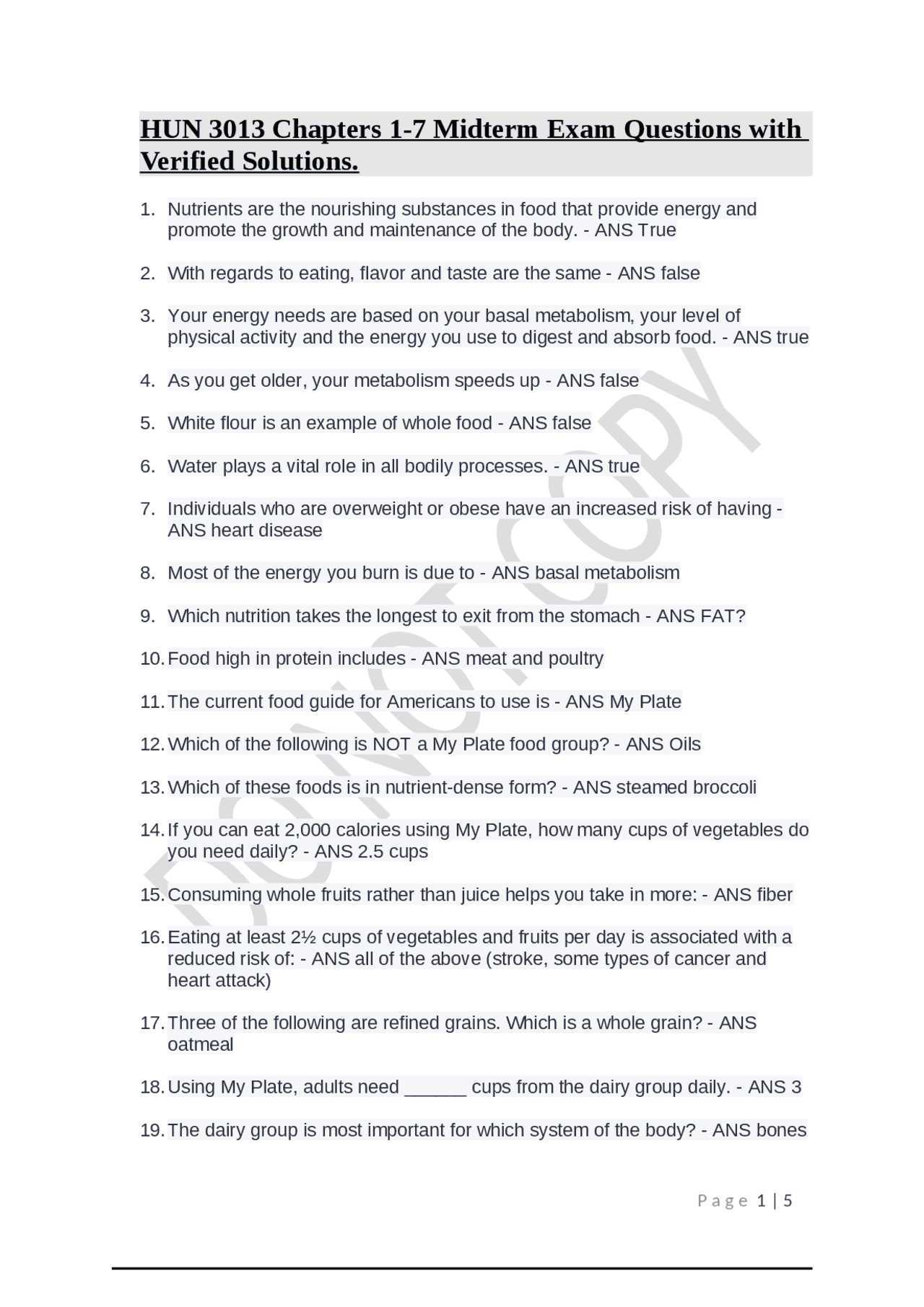 HUN 3013 Chapters 1-7 Midterm Exam Questions with Verified Solutions. | Exams Nutrition | Docsity