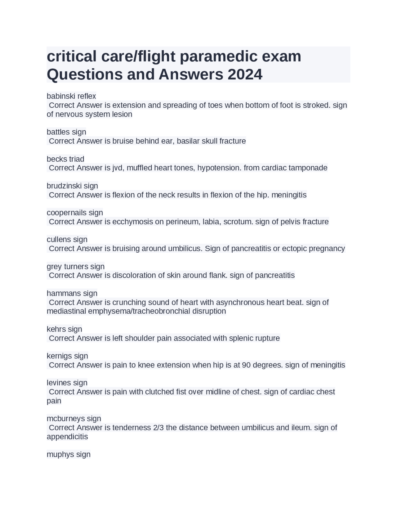 critical care/flight paramedic exam Questions and Answers 2024 | Exams ...