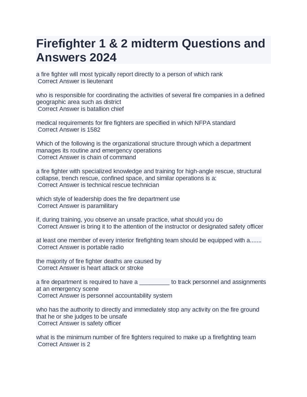 Firefighter 1 & 2 midterm Questions and Answers 2024 | Exams Nursing ...